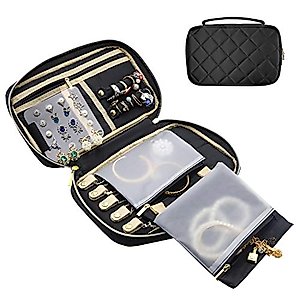 ProCase Travel Jewelry Organizer Case for Women Christmas Valentine's Day Gift, Soft Padded Jewelry Storage Bag Box Carrying Case Pouch for Rings, Bracelet, Earring, Chains, Necklace Holder -Black