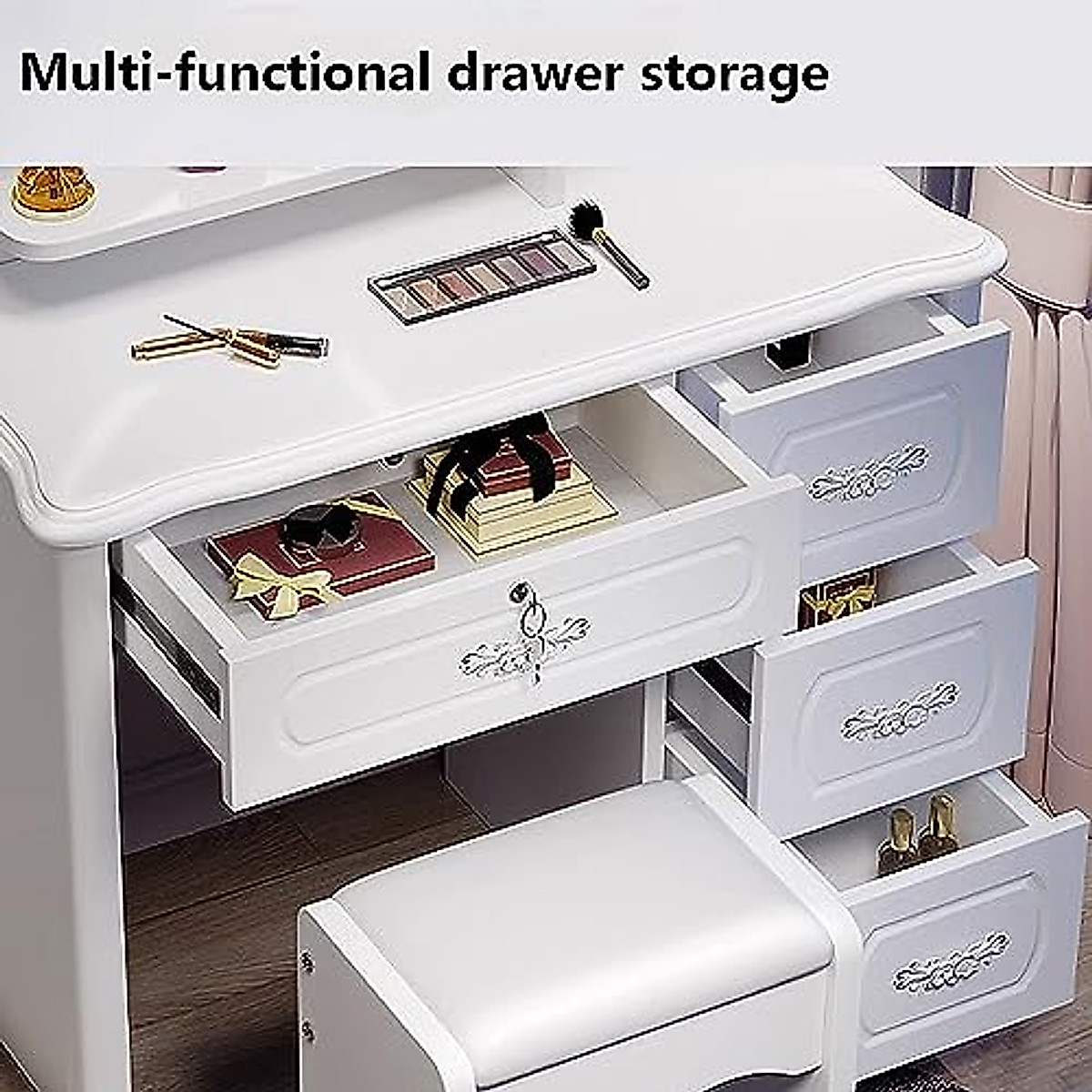 XIGOUZIQU Farmhouse Makeup Vanity Desk with Sliding Mirror and Lights, Tabletop Vanity Table with 5 Drawers & Shelves, Dressing Table Vanity Set for Bedroom, Stool Included (Color : Right)