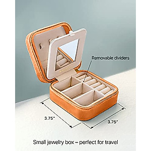 Plush Velvet Travel Jewelry Box Organizer | Travel Jewelry Case, Jewelry Travel Organizer | Small Jewelry Box for Women, Jewelry Travel Case | Earring Organizer with MIrror - Orange