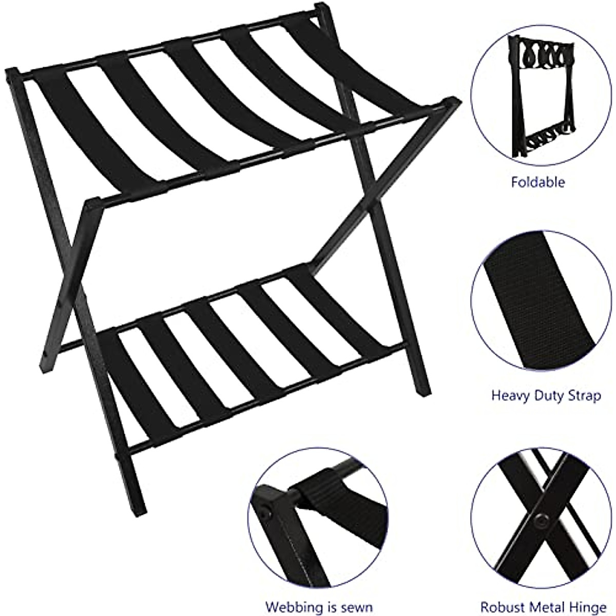 Heavy Duty Luggage Rack Folding Metal Suitcase Luggage Stand with Storage Shelf-2 Tiers, Black