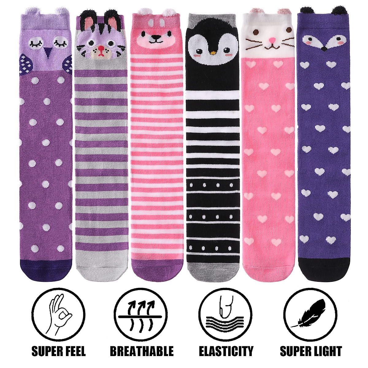 POEATEZO 3-12 Years Girls Knee High Socks Kids Funny Animal Pattern Warm Cotton Long Tall Boot Socks 6 Pairs (Cute Animals-B)