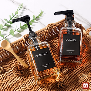 GMISUN Coffee Syrup Dispenser for Coffee Bar, Square Glass Syrup Dispenser with 1/4oz Large Capacity Pump, Coffee Syrup Pump Dispenser, Coffee Bar Accessories, Organizer, Decor, Black, 16oz, 4 Pack