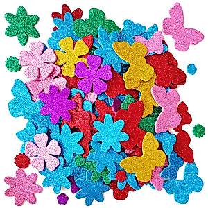 Glitter Foam Flower and Butterfly Shapes Stickers, Self-Adhesive Stickers Kid's Arts Crafts Supplies for Greeting Cards DIY Scrapbooking Cards Creative Toys Home Decoration (Random Colors)