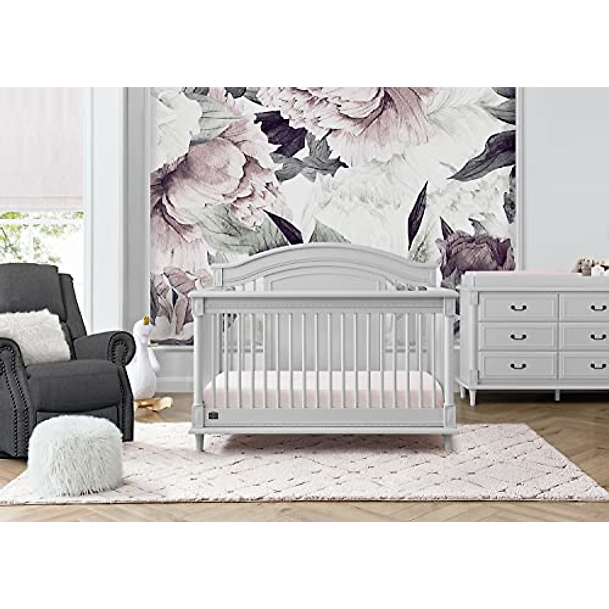 Delta Children Simmons Kids Juliette 6-in-1 Convertible Crib with Toddler Rail, Greenguard Gold Certified, Moonstruck Grey