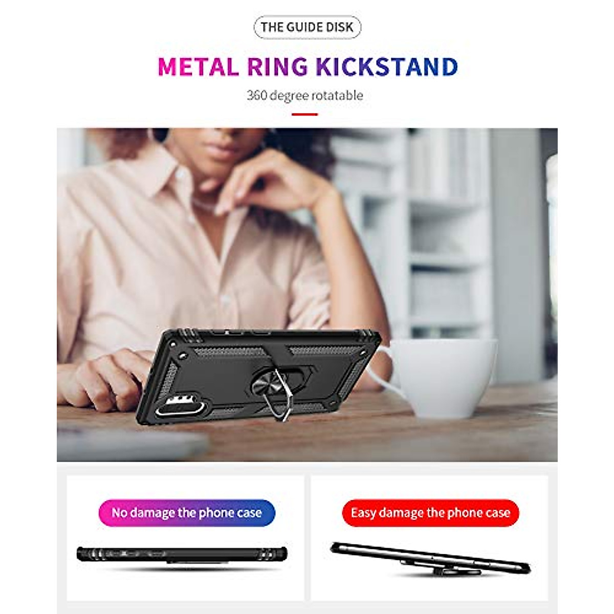 Androgate for Samsung Galaxy Note 10 Plus Case, Note10+ Case with HD Screen Protectors, Military-Grade Metal Ring Holder Stand Drop Tested Shockproof Cover Case for Samsung Note 10+/ 5G Black