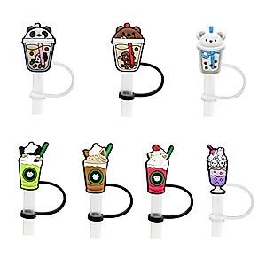 Straw Cover Cap 7 Pieces Reusable Silicone Straw Toppers Drinking Straw Tips Lids for 6-8 mm Cute Straws Plugs (Not include Straw) Style1