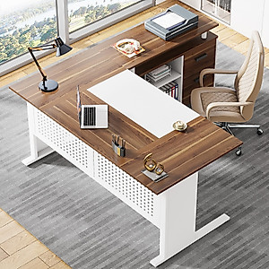 Tribesigns 63 Inch Executive Desk with File Cabinet, Large Office Desk L Shaped Computer Desk with Drawers and Storage Shelves, Business Furniture Desk Workstation for Home Office, White and Walnut