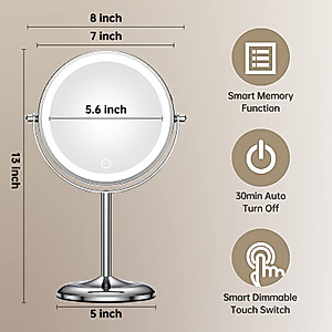 Gospire Lighted Makeup Mirror with Magnification 10X， Rechargeable Stepless Dimming LED Vanity Mirror 7", 360° Swivel Magnifying Cosmetic Mirror Cordless Standing Mirror for Dresser, Bathroom