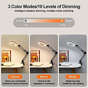 BRISON Magnifying Desk Lamp with Clamp, 3 Adjustable Light, 10 Brightness 8X Magnifier Lamps for Reading/Office/Soldering/Crafts, Swing Arms LED Desk Lamp with Sleep Timer Function