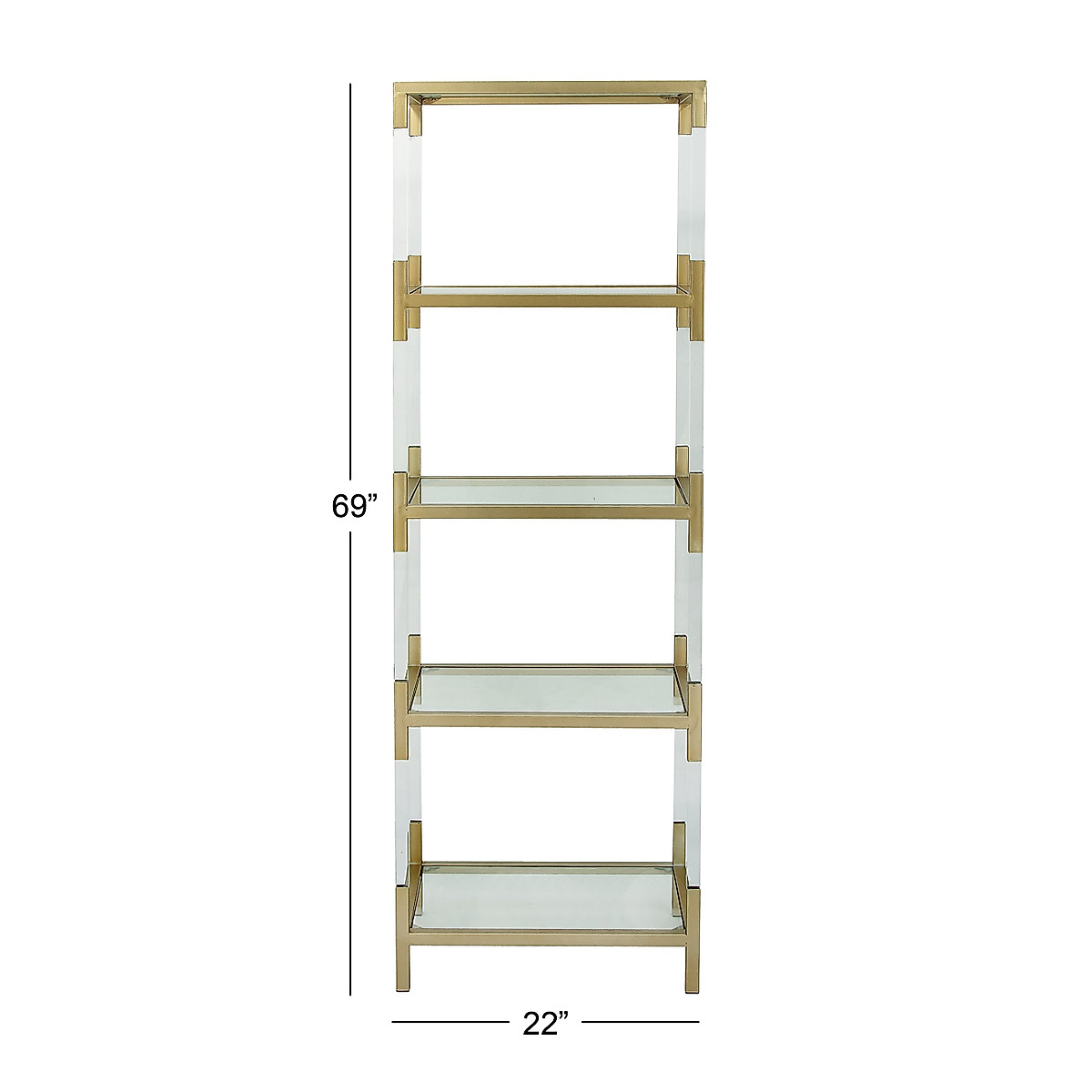 Deco 79 Metal Minimalistic 5 Tier Shelving Unit with Clear Glass Shelves and Acrylic Legs, 22" x 15" x 69", Gold