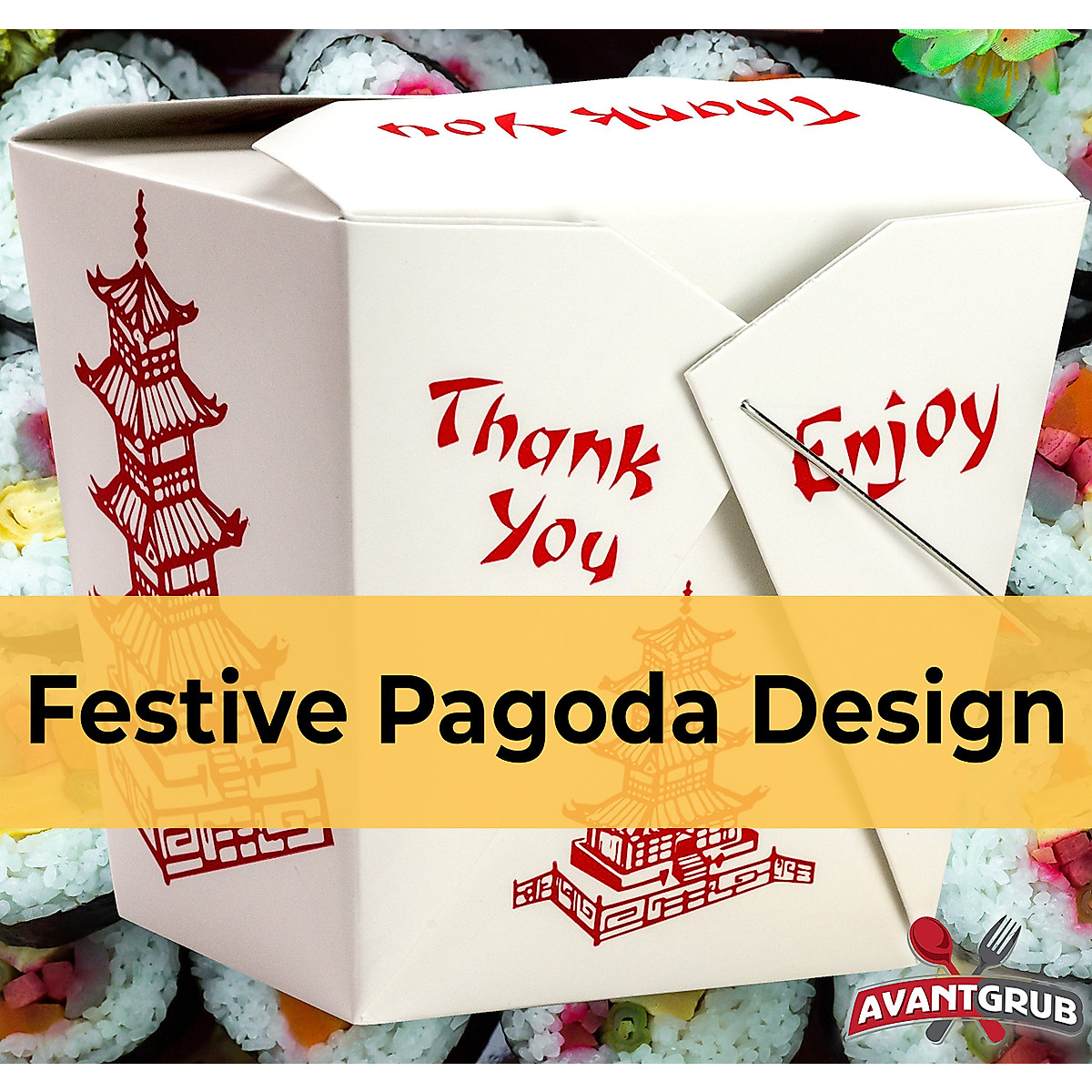 Avant Grub Food Storage Container, Greaseproof Chinese Take Out Box With Chopsticks. 25pk Large Food Containers With 50pk Sleeved and Separated Bamboo Chop Sticks, 32 Oz