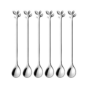 Long Handle Iced Tea Spoons Set of 6, Comicfs 7.6" Ice Cream Spoon, Creative Silver Leaf Cocktail Stirring Spoons, Premium Food Grade Stainless Steel, Mirror Finish & Dishwasher Safe (6 Pcs, Silver)