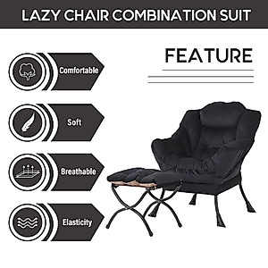 LITA Lazy Chair with Ottoman, Modern Accent Leisure Upholstered Sofa Chair, Contemporary Lounge Reading Chair with Armrests and a Side Pocket for Living Room, Bedroom & Small Space, Black