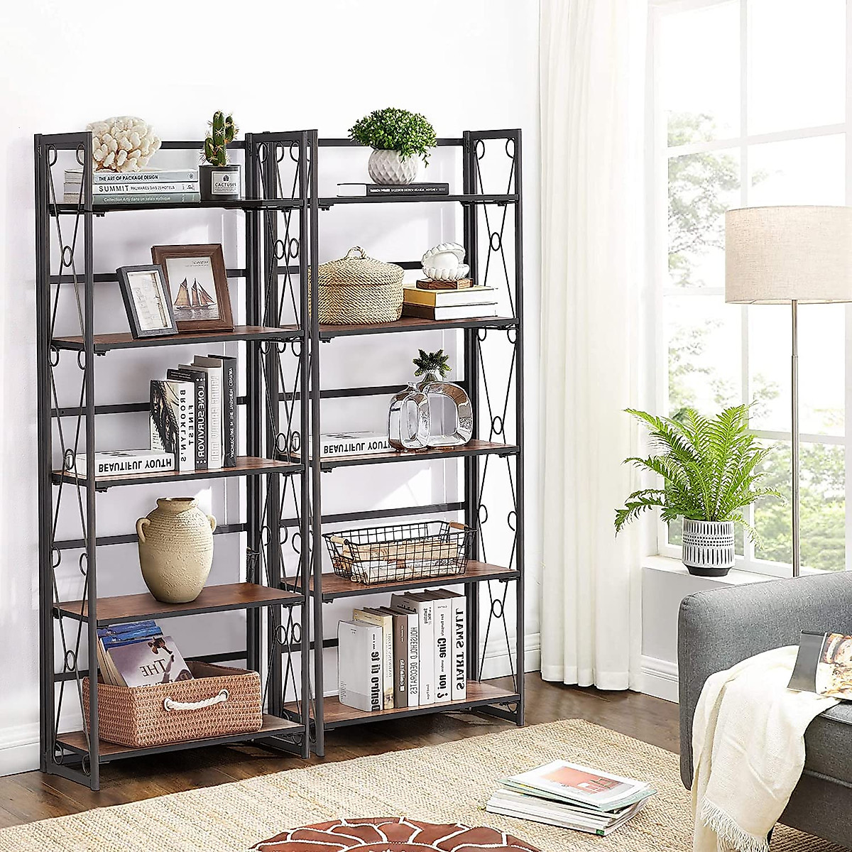 VECELO 5 Tier Folding Bookshelf, No Assembly Book Shelf Bookcase Set of 2, Industrial Metal Free-Standing Shelves Organizer Home Decor for Living Room, Bedroom, Study, Kitchen, Walnut