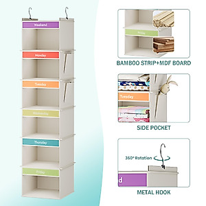 YOUDENOVA 6-Shelf Weekly Hanging Closet Organizer, Closet Organizers with 2 Side Pockets, Closet Hanging Organizers for Kids, Khaki