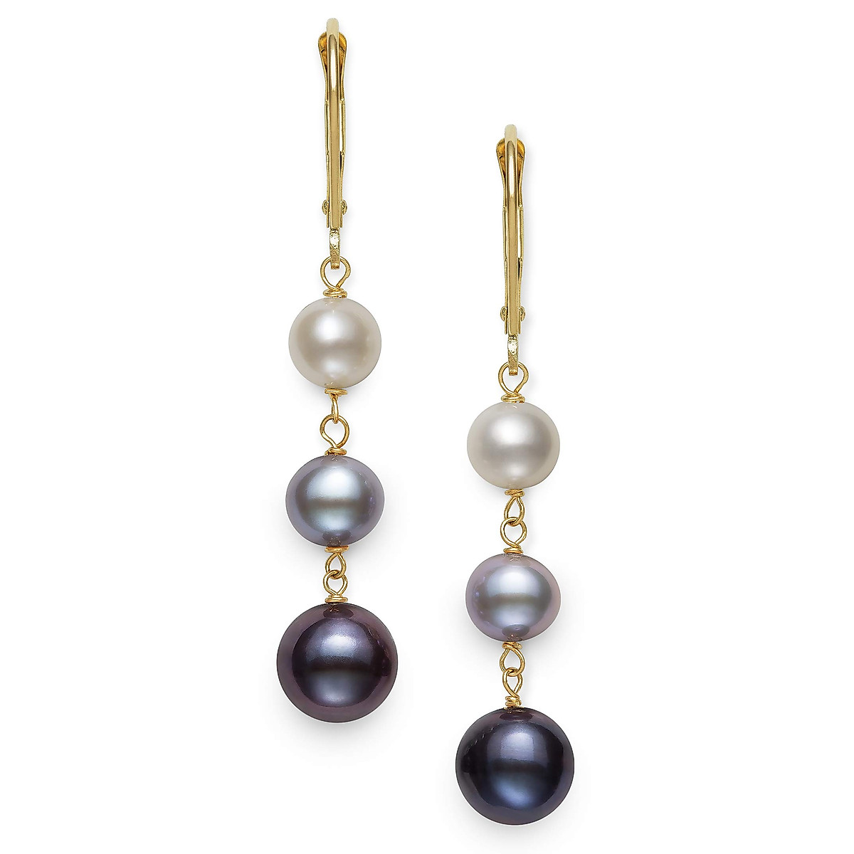 14k Yellow Gold Cultured Freshwater Pearl Trio Dangle Drop Earrings (Multi-Black)