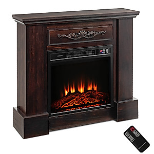 Tangkula 32’’Electric Fireplace with Mantle, Freestanding Fireplace Heater w/ 3D Realistic & Adjustable Flame, Remote Control, Overheat Protection, 1400 W Wooden Fireplace Mantel for Home (Brown)