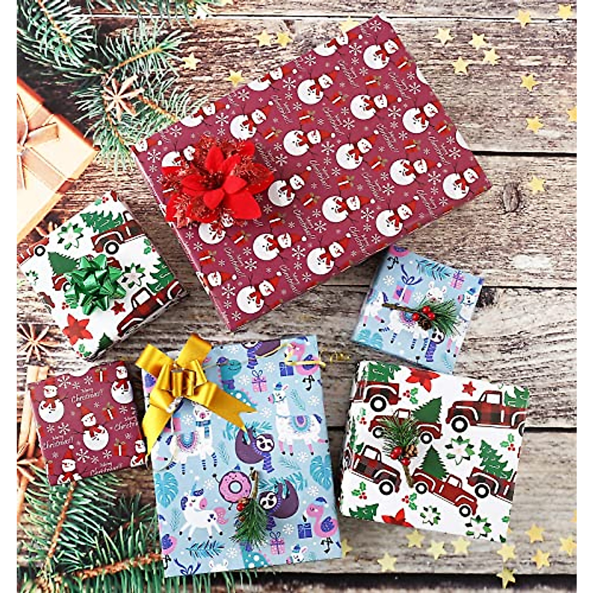 U'COVER Christmas Gift Wrapping Paper Large Sheet for Kids Boys Girls Baby Women Men Xmas Wrapping Paper 3Style Christmas Sloth Llama Santa Snowman Tree Truck Car Gift Wrap Paper (27*39.4inch 22sq.ft.)