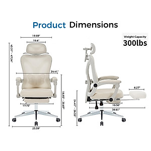 GGN Ergonomic Office Chair with Foot Rest, White Reclining Desk Chair with Leg Rest, Mesh Computer Desk Chair with Adjustable Headrest & Lumbar Support, White