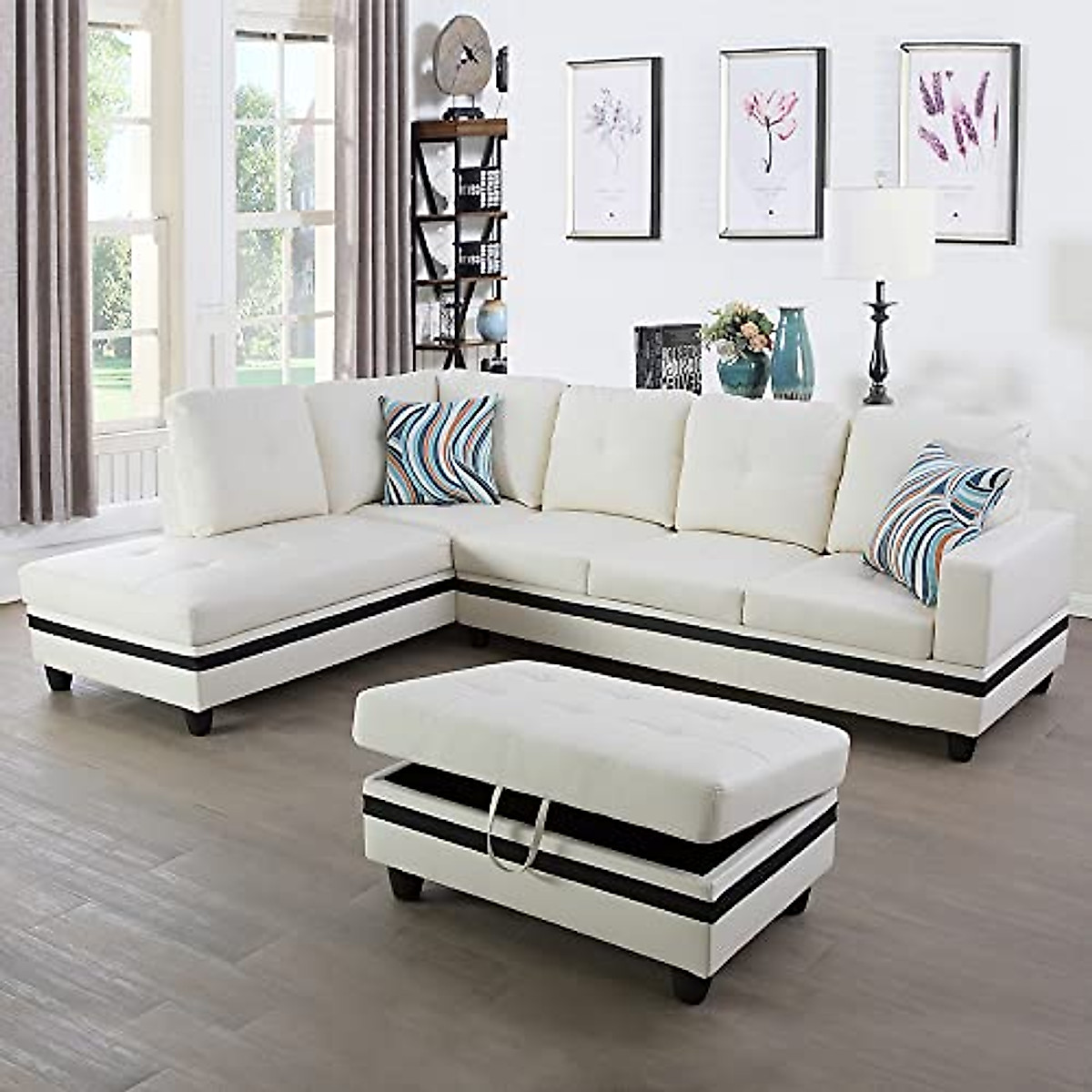 GEBADOL 103" Wide Sectional Living Room Furniture Set L-Shape Sofa Chaise and Storage Ottoman 3 Pieces Faux Leather Couch Set (White&Black/Left-Hand Facing)