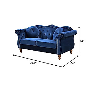 Container Furniture Direct Anna1 Velvet Upholstered Classic Nailhead Chesterfield Living Room, Sofa & Loveseat, Blue Mist