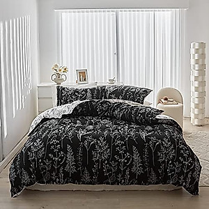 Floral Queen Duvet Cover, Microfiber 3 Pieces Floral Bedding Queen Set, 1 Duvet Cover +2 Pillowcases, Black and White Floral Duvet Cover Queen, with Zipper Closure, Durable, Easy Care (NO Comforter)