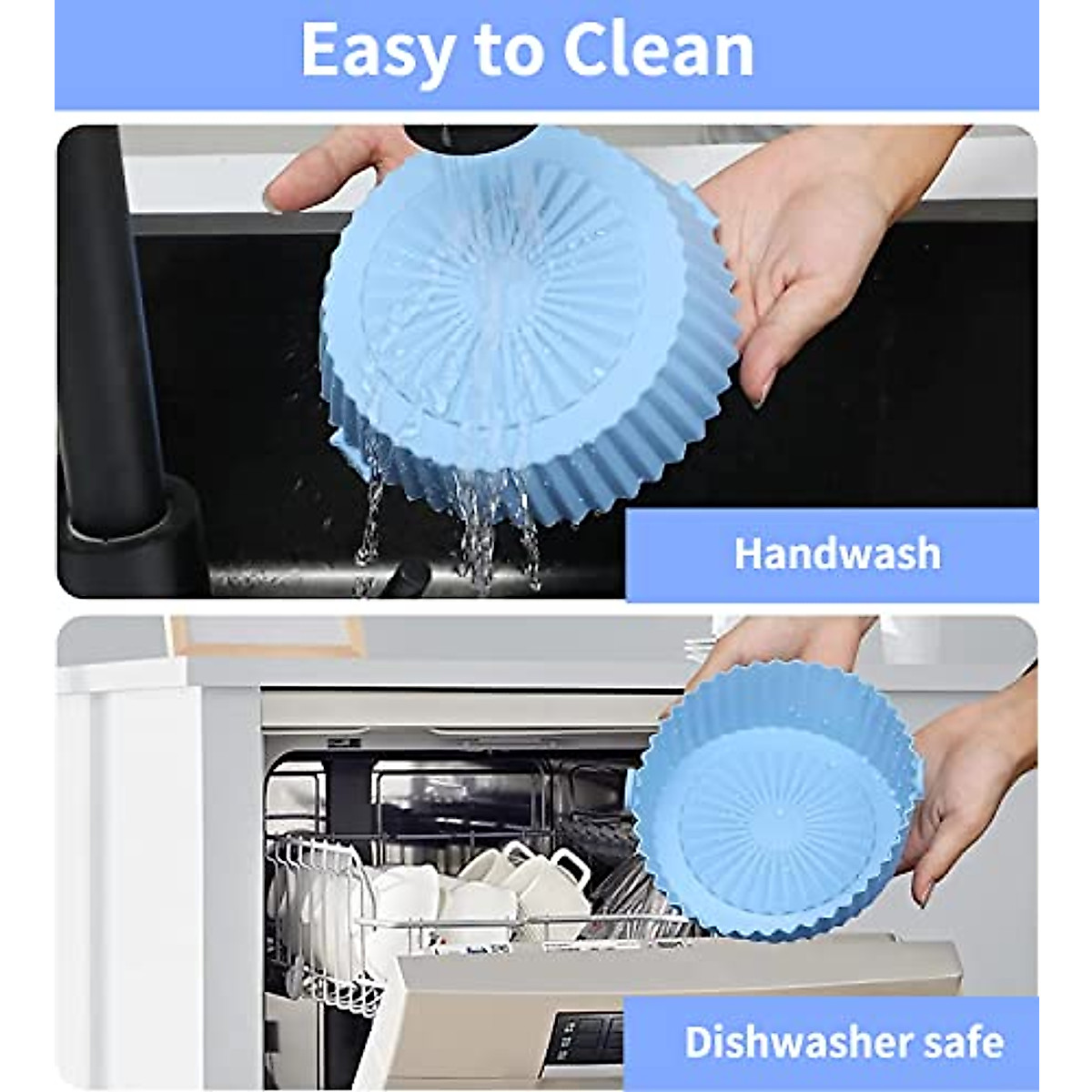 Air Fryer Silicone Liners 8 Inch, 2 Pack Air Fryer Accessories for Ninja Air Fryer Liners Reusable with Handle, Basket for 5 QT 6QT 7 QT, Red & Blue