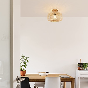FRIDEKO HOME Woven Rattan Flush Mount Light Fixture - Boho Light Fixtures Ceiling Bedroom Ceiling Lights Flush Mount Ceiling Light for Living Room Hallway Kitchen Entryway Farmhouse