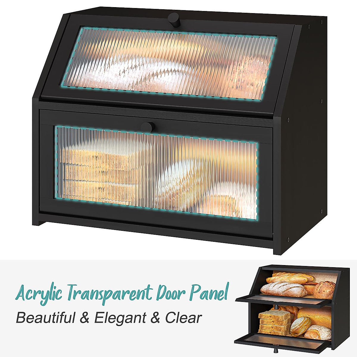 Vriccc Black Bread Box for Kitchen Counter, Large Bamboo Wood Double Layer Bread Box, Wooden Bread Storage Capacity