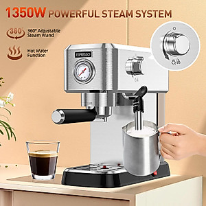 Pokk Espresso Machine, 20 Bar Espresso Maker with Milk Frother Steam Wand for Latte and Cappuccino, Compact Stainless Steel Espresso Coffee Machine with 50oz Removable Water Tank for Home