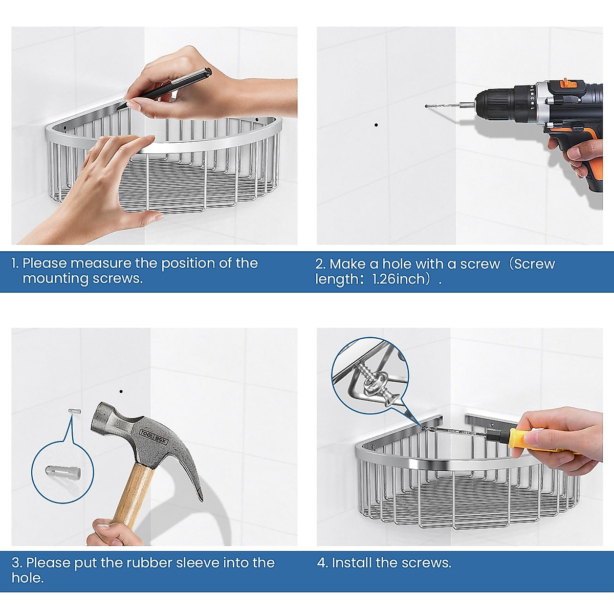 TENOVEL Shower Basket Brushed Stainless Shower Corner Shelf,Shower Caddy Stainless Steel Rustproof,Soap Caddy Shower Organizer Wall Mounted Basket(Includes Screws)