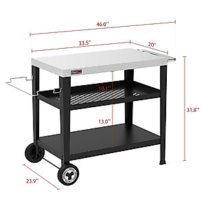 Grills House Movable 3-Shelf Grill Cart with Wheels, 33.5" L x 20" W Stainless Steel Tabletop, Multifunctional Dining Table for Pizza Oven, Food Prep, Outdoor Garden BBQ Trolley, PC-AMZ-3404S, Silver