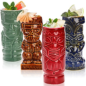 Lyellfe Set of 4 Ceramic Tiki Glasses, 16 Oz Large Tiki Cups for Cocktails, Halloween Vintage Hawaiian Party Drinking Mugs Barware Set Decor for Whiskey, Rum, Vodka