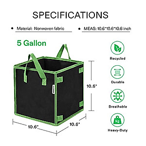 VIVOSUN 5 Pack 5 Gallon Square Grow Bags, Thick Nonwoven Cubic Fabric Pots with Handles for Indoor and Outdoor Gardening