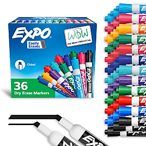 EXPO Low-Odor Dry Erase Markers, Chisel Tip, Assorted Colors, 36 Count