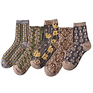 Oaiyeie 5 Pairs Womens Floral Cotton Socks,Floral Retro Style Novelty Cotton Socks,Winter Thickened Warm Women Vintage Socks (B)