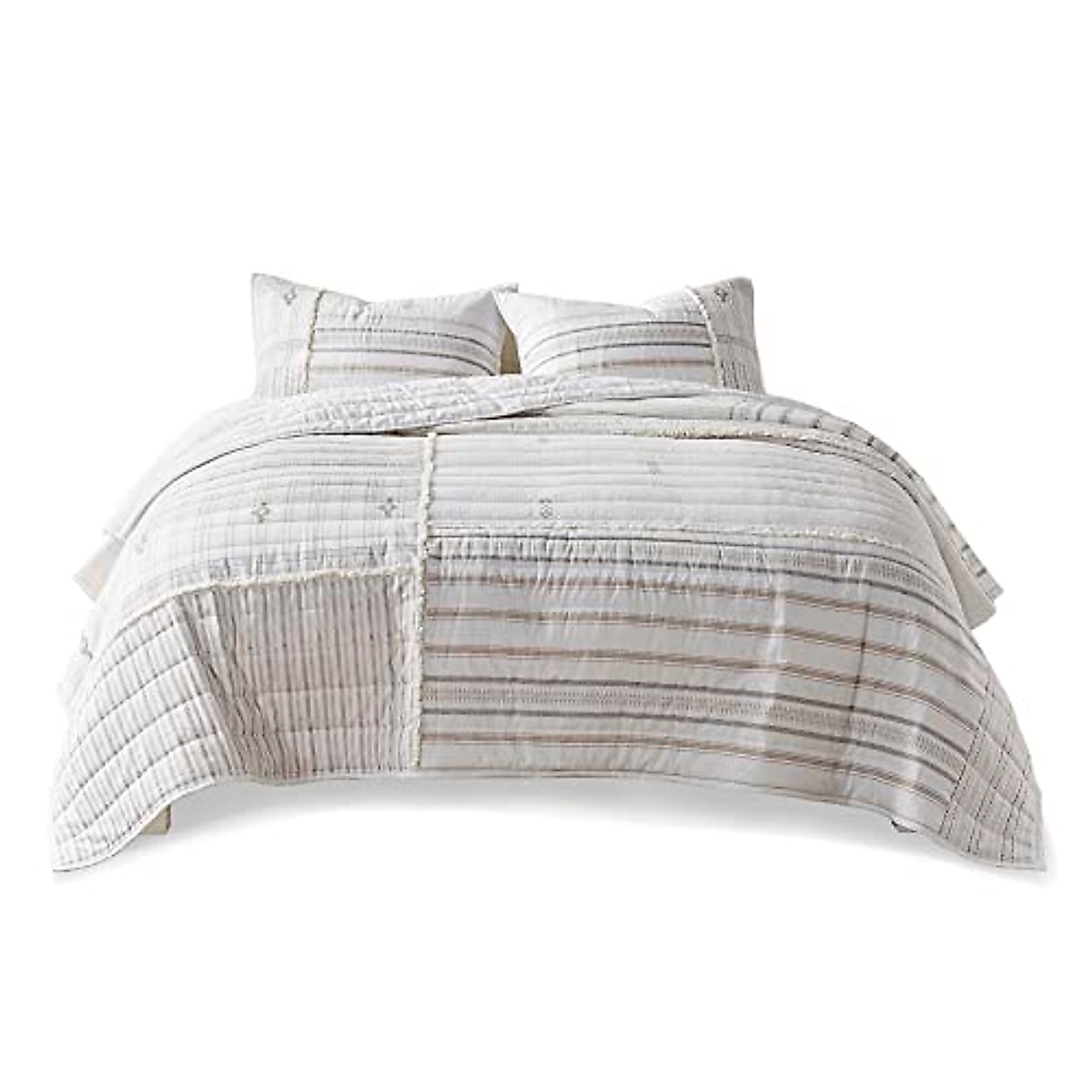 INK+IVY Salar Cotton Quilt Set - Stripe Patchwork Design with Fringe Trim Accent, Prewashed Coverlet, All Season, Breathable and Lightweight Cover, Cozy Summer Blanket, King/Cal King Natural 3 Piece