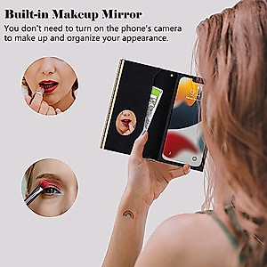 Ｈａｖａｙa Crossbody Phone case for iPhone 13 pro max case with Strap for Women with Card Holder and Mirror for iPhone 12 pro max flip Wallet Cover with Credit Card Slot-Black