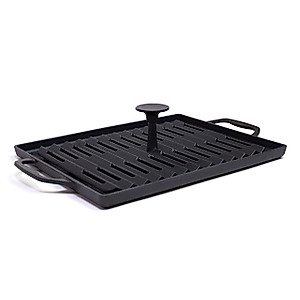 Grillville USA Cast Iron Grill Pan and Press, Indoor/Outdoor Grill Pan and Weighted Press Set, Porcelain Enamel Coating, Use on the Stovetop or Grill, Vented Design Keeps Food Crisp