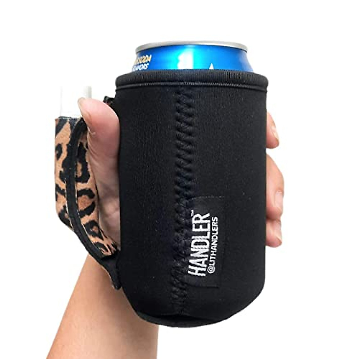 Lit Handlers Soda Can Handle - 12oz Can Cooler Sleeves Neoprene Material for Beer & Other Drinks -Bottle Insulator for Office, Gym, & Beach - Reusable Beverage Holder w/Handle (Black w/Leopard)