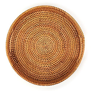WUWEOT Rattan Serving Tray, Round Woven Wicker Basket, Decorative Rustic Table Tray with Handles for Serving Dinner, Parties, Breakfast, Coffee Tea, Drinks, Snack, 12 Inch