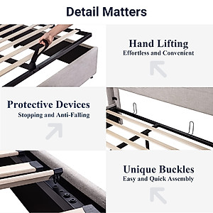 Allewie King Size Lift Up Storage Bed, Modern Wingback Headboard, No Box Spring Needed, Hydraulic Storage, Light Beige