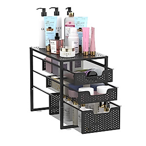 Simple Trending 3-Tier Under Sink Cabinet Organizer with Sliding Storage Drawer, Desktop Organizer for Kitchen Bathroom Office, Stackbale, Black