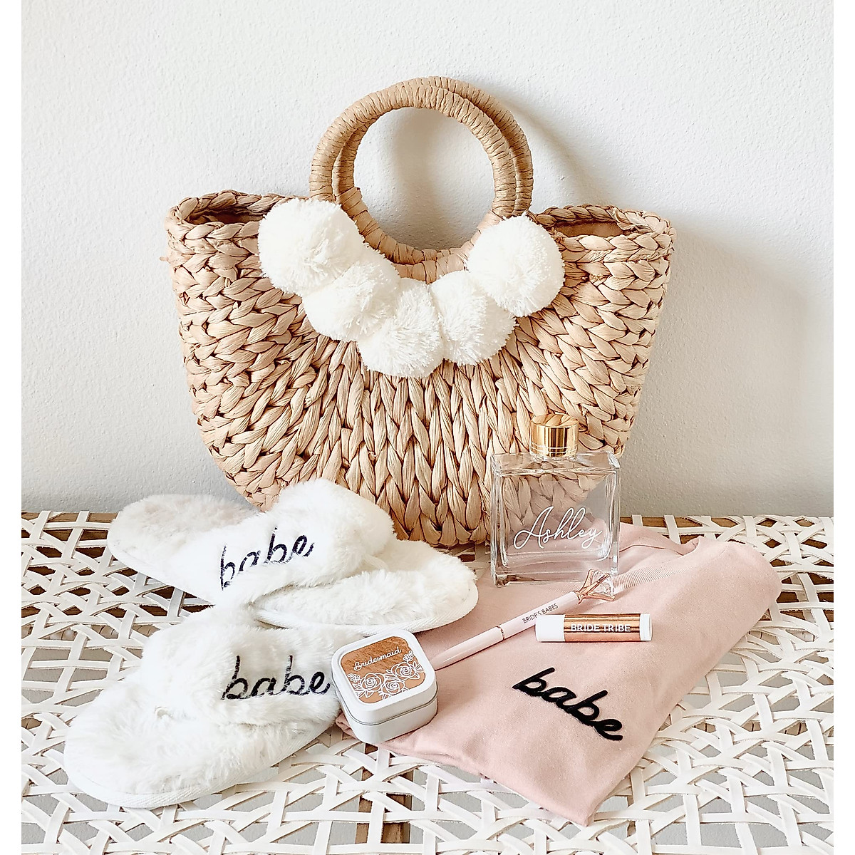 ModParty Boho Chic Straw Bag with Pom Poms Hand-Woven Sound Handle Purse Summer Beach Bag for Women (White Pom Poms)