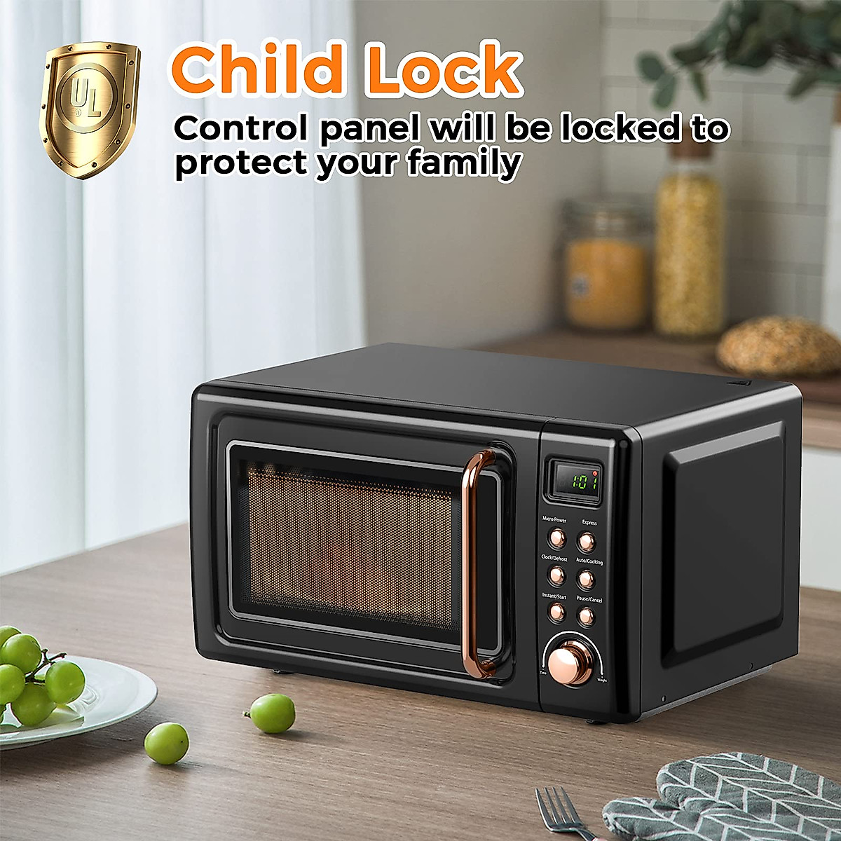 Countertop Retro Microwave Oven, SIMOE 0.7 Cu Ft Small Microwave with Defrost, 5 Micro Power, 8 Auto-cooking Set & Child Lock, Compact Microwave w/10 Inch Turntable, 60-min Timer, LED Display, 700W