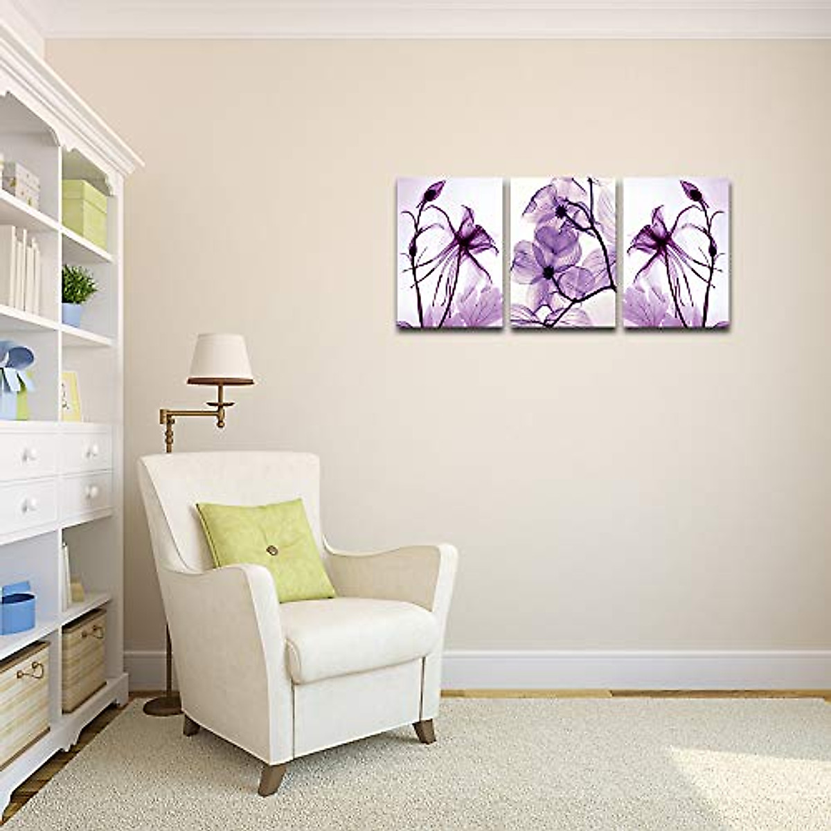 Meigan Art Modern Canvas Wall Art Home Decor Wall Art Painting Purple Flowers Art Wood Inside Framed Ready to Hang (12InchX16InchX3)