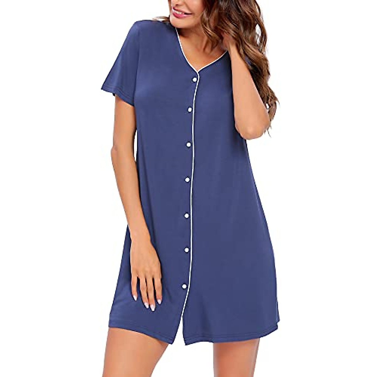 SWOMOG Women's Button Down Nightgown Short Sleeve Nightshirt V-Neck Sleepwear Boyfriend Sleepshirt Pajama Dress