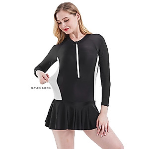 TeeYee Women Girls Swimsuit One Piece Long Sleeve Monokini Diving Swimwear Padded with Ruched Falbala Skirt UV-Protective (M, Black)
