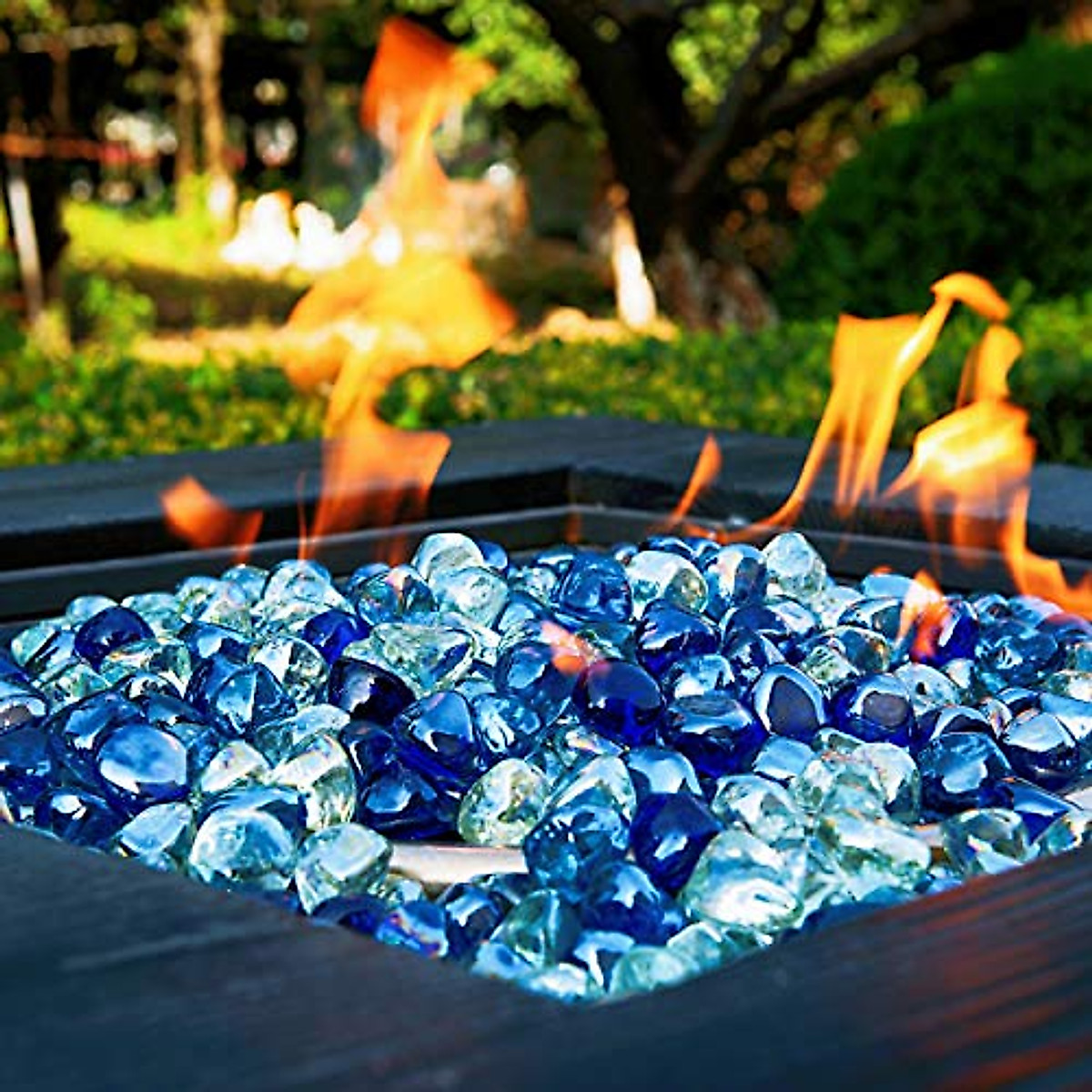 Chilli Cosmos Fire Glass Diamond 1 InchFire Pit Glass Rocks for Propane or Gas Fire Pit （10 Pounds White/Cobalt Blue/Margarita Azura Blue Blend） Gift Package