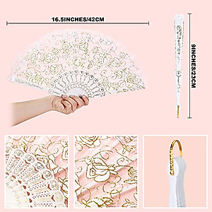 24 Pcs Floral Handheld Fan and Faux Pearl Necklaces for Wedding, Lace Folding Hand Fan Foldable Chinese Fan White Bead Necklace Strand Necklace for Bridal Tea Party Decorations Birthday Dancing
